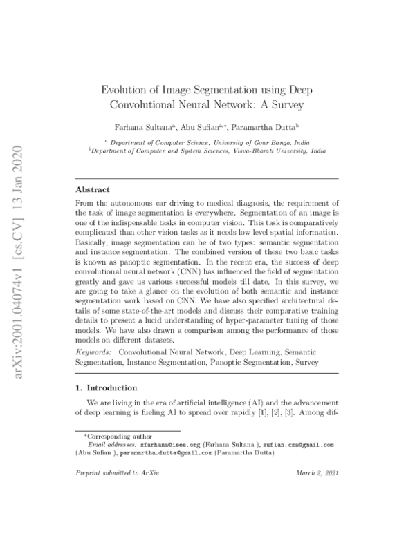 Pdf Evolution Of Image Segmentation Using Deep Convolutional Neural Network A Survey