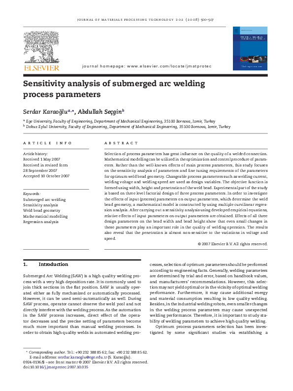 (PDF) Sensitivity analysis of submerged arc welding process parameters