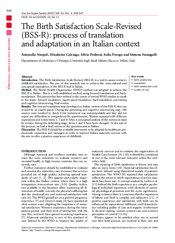 (PDF) The Birth Satisfaction Scale-Revised (BSS-R): process of translation and adaptation in an ...