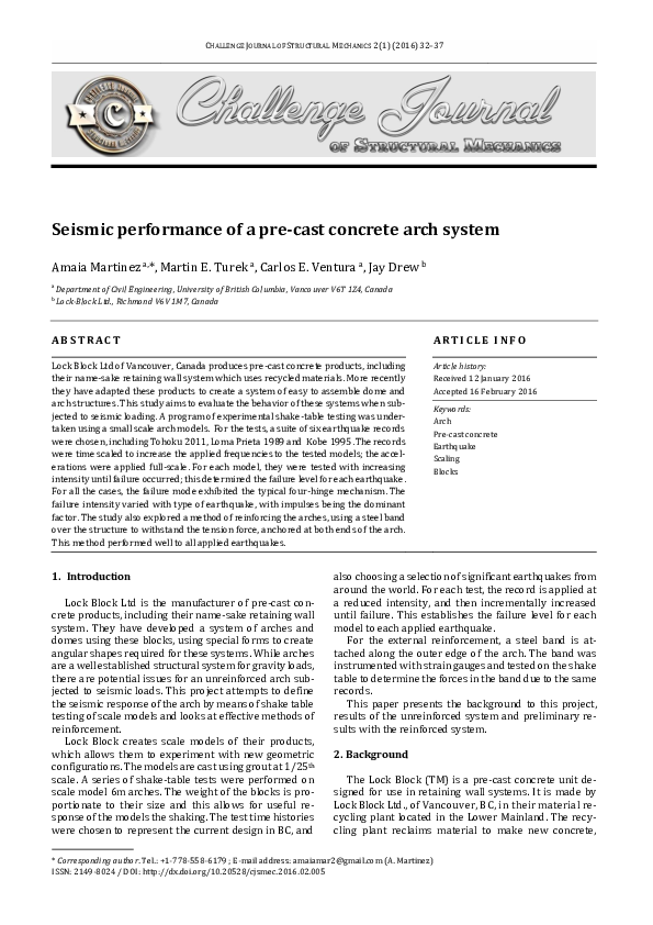 (PDF) Seismic performance of a pre-cast concrete arch system | Carlos ...