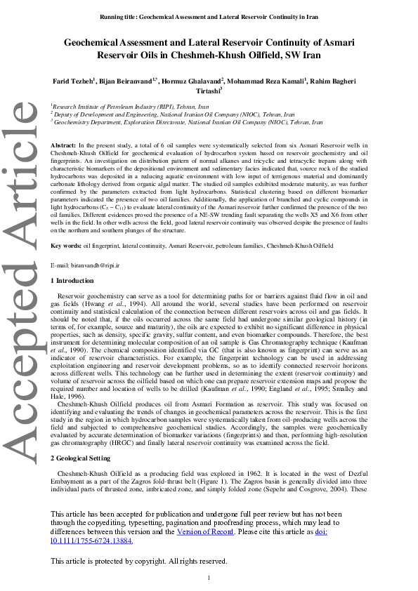 Pdf Geochemical Assessment And Lateral Reservoir Continuity Of Asmari Reservoir Oils In
