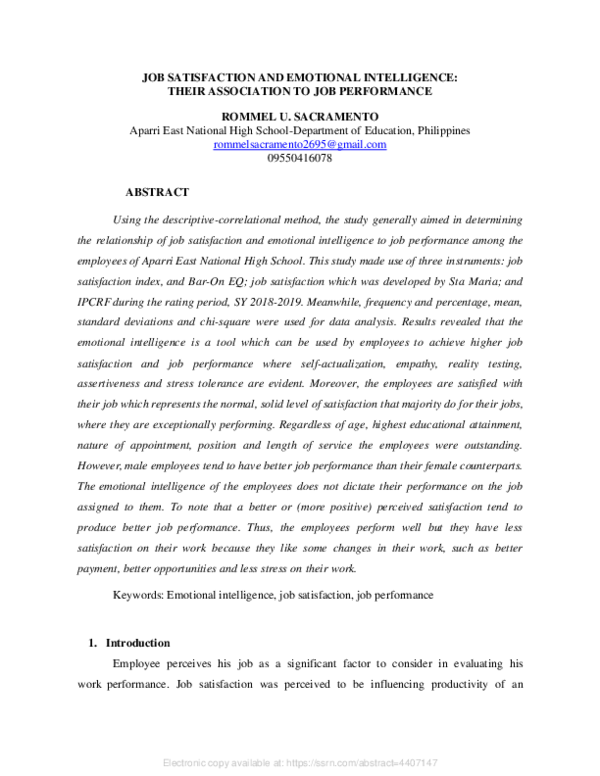(PDF) JOB SATISFACTION AND EMOTIONAL INTELLIGENCE: THEIR ASSOCIATION TO ...