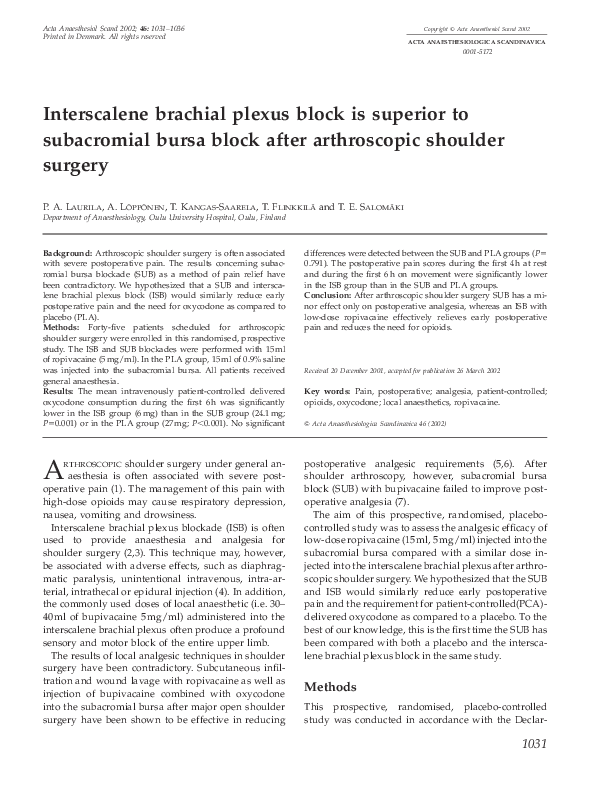 (PDF) Interscalene brachial plexus block is superior to subacromial ...