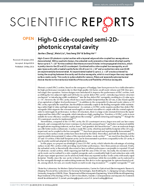 (PDF) High-Q side-coupled semi-2D-photonic crystal cavity