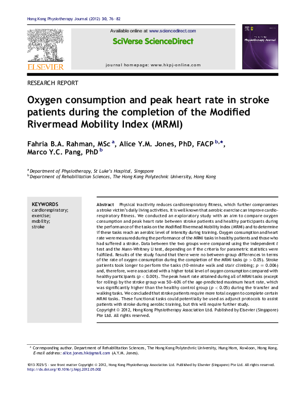 (PDF) Oxygen consumption and peak heart rate in stroke patients during ...
