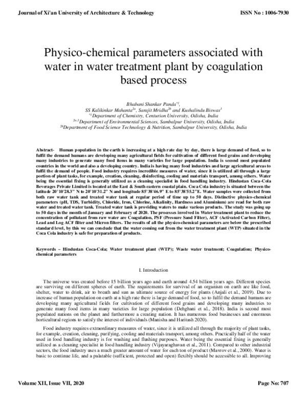 (PDF) Physico-chemical parameters associated with water in water treatment plant by coagulation ...