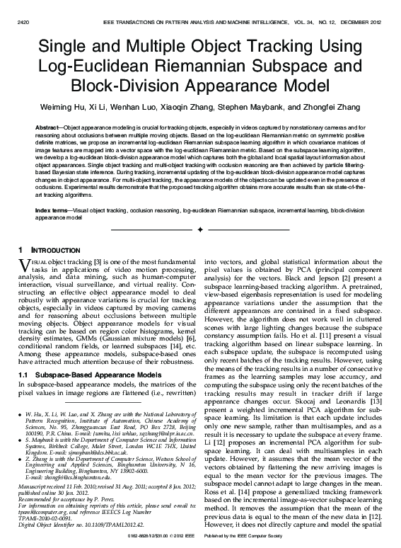 Pdf Single And Multiple Object Tracking Using Log Euclidean Riemannian Subspace And Block