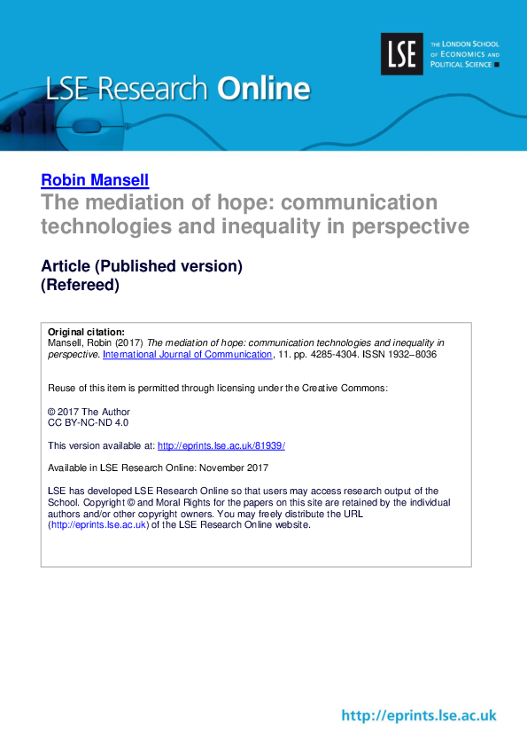 (PDF) The mediation of hope: communication technologies and inequality ...