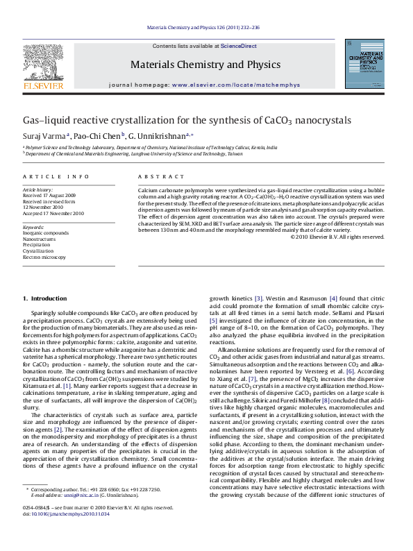 (PDF) Gas–liquid reactive crystallization for the synthesis of CaCO3 ...