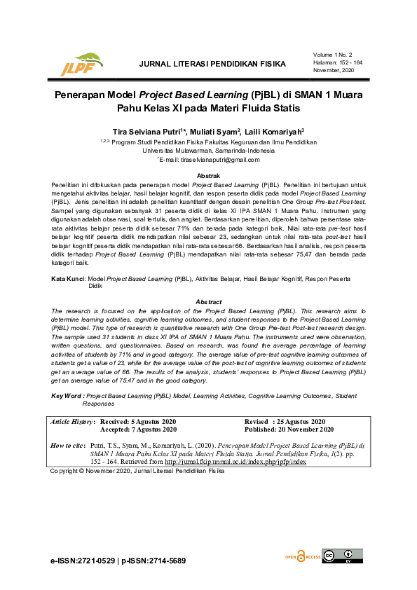 (PDF) Penerapan Model Project Based Learning (PjBL) di SMAN 1 Muara Pahu Kelas XI pada Materi ...