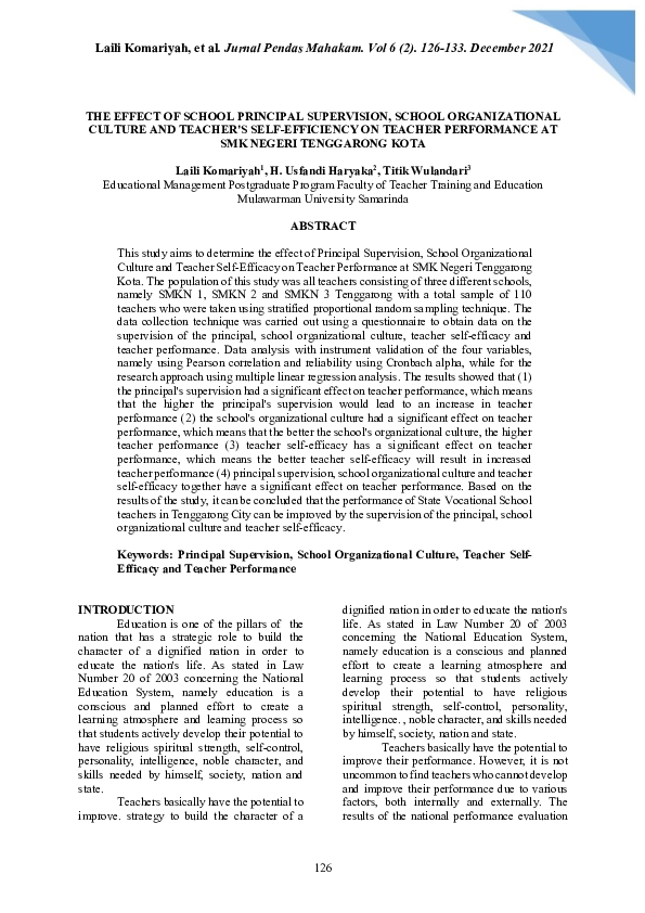 (PDF) The Effect of School Principal Supervision, School Organizational Culture and Teacher's ...