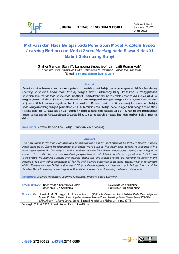 (PDF) Motivasi dan Hasil Belajar pada Penerapan Model Problem Based Learning Berbantuan Media ...