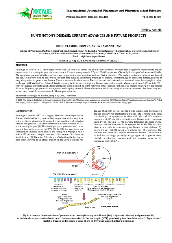 (PDF) HUNTINGTON'S DISEASE: CURRENT ADVANCES AND FUTURE PROSPECTS ...
