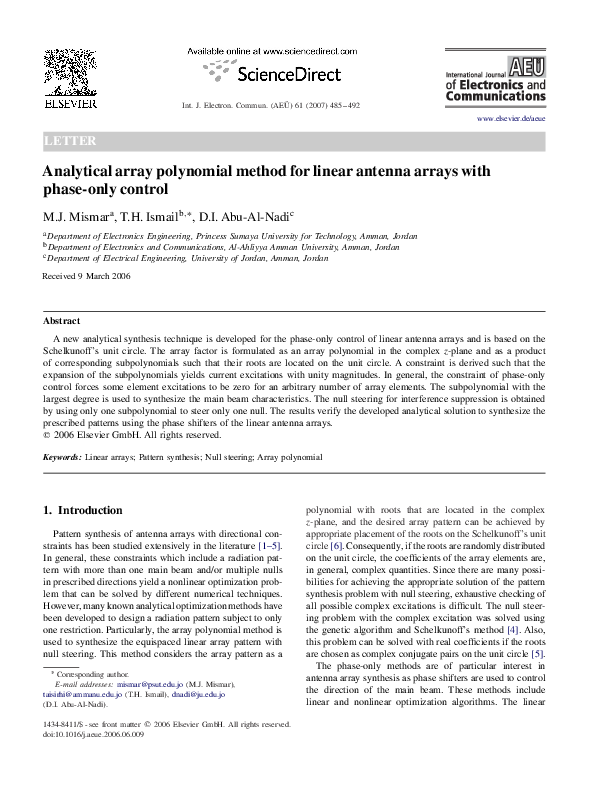 (PDF) Analytical array polynomial method for linear antenna arrays with phase-only control
