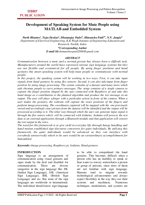 (PDF) Development of Speaking System for Mute People using MATLAB and ...