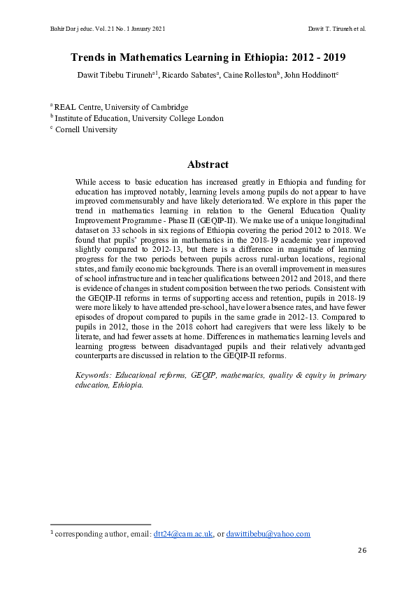 (PDF) Trends in Mathematics Learning in Ethiopia: 2012-2019