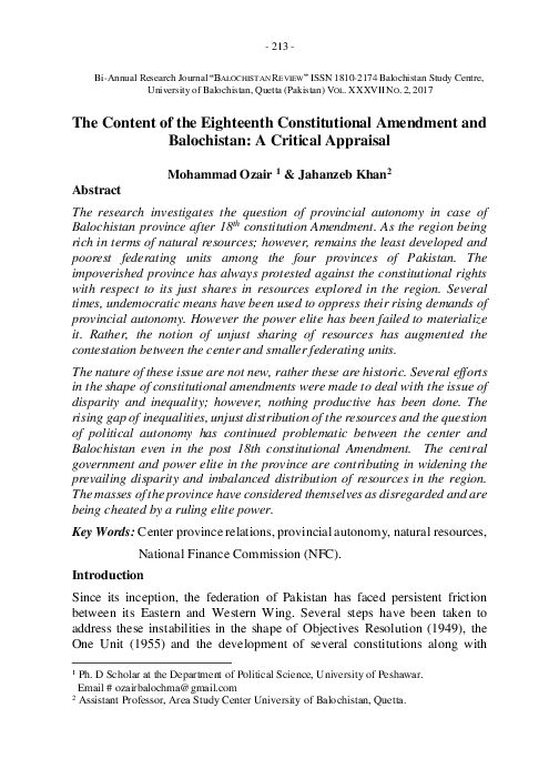 (PDF) The Content of the Eighteenth Constitutional Amendment and Balochistan: A Critical Appraisal