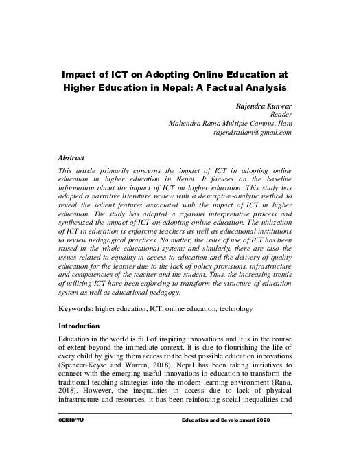 (PDF) Impact of ICT on Adopting Online Education at Higher Education in Nepal: A Factual Analysis