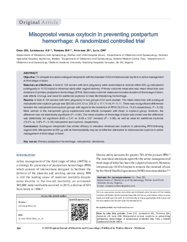(PDF) Misoprostol versus oxytocin in preventing postpartum hemorrhage ...