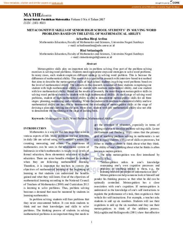 (PDF) Metacognitive Skills of Senior High School Students’ in Solving Word Problems Based on the ...
