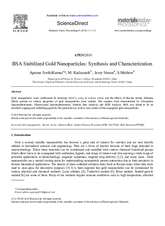 (PDF) BSA Stabilized Gold Nanoparticles: Synthesis and Characterization