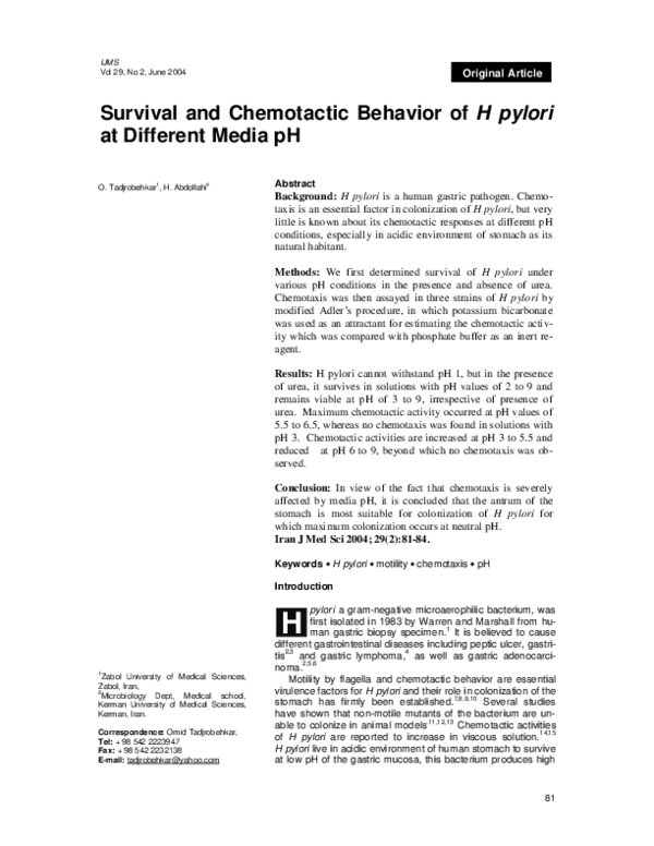 (PDF) Survival and Chemotactic Behavior of H pylori at Different Media pH