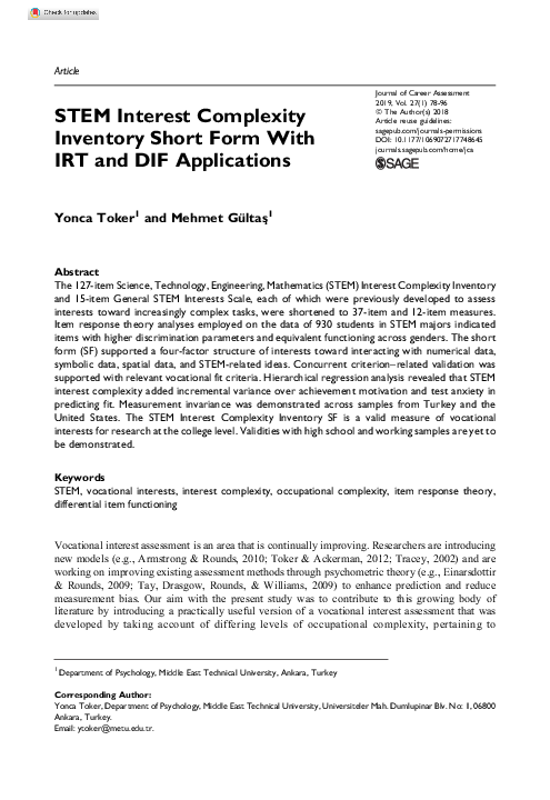 (PDF) STEM Interest Complexity Inventory Short Form With IRT and DIF ...