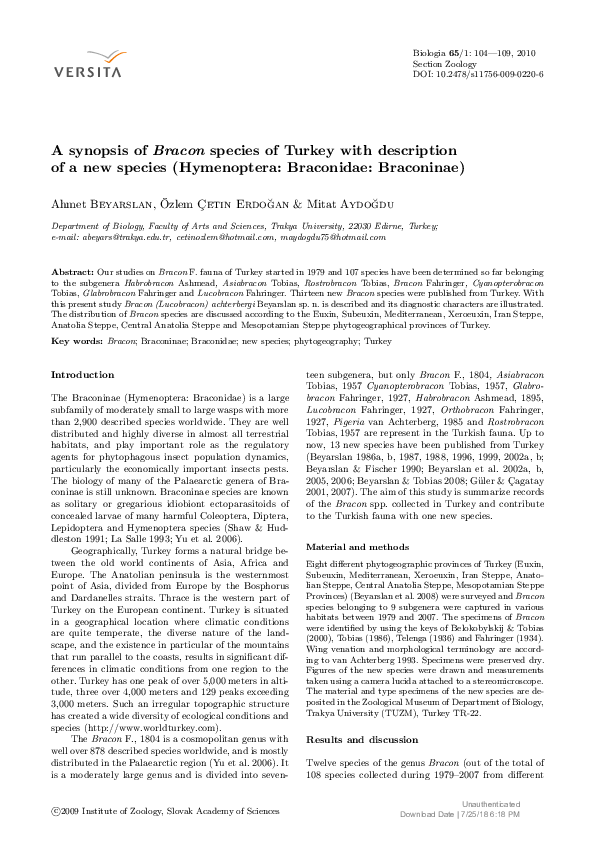 (PDF) A synopsis of Bracon species of Turkey with description of a new ...