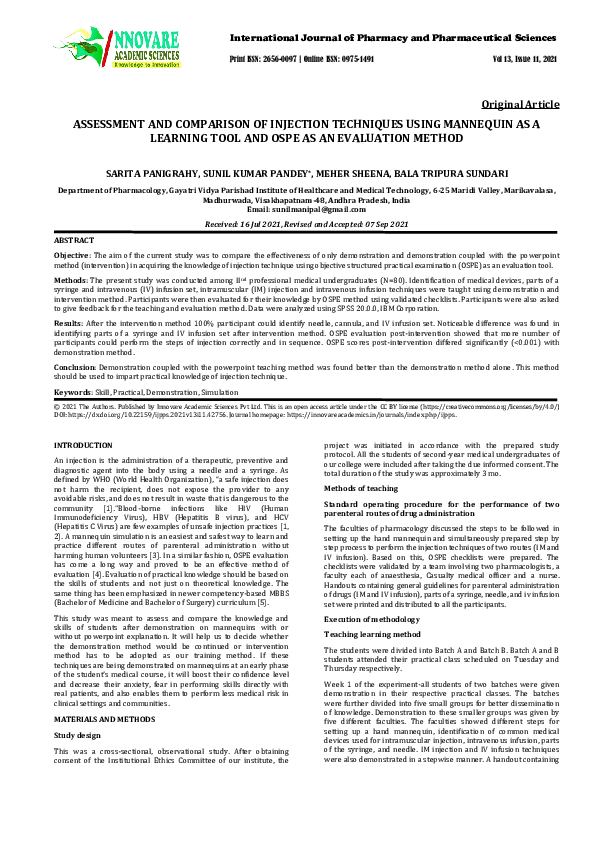 (PDF) ASSESSMENT AND COMPARISON OF INJECTION TECHNIQUES USING MANNEQUIN ...