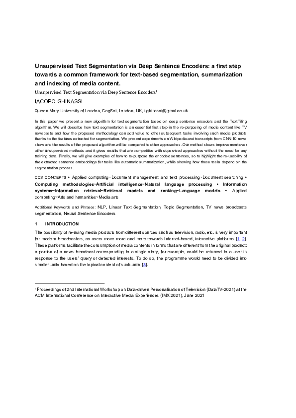 Pdf Unsupervised Text Segmentation Via Deep Sentence Encoders A