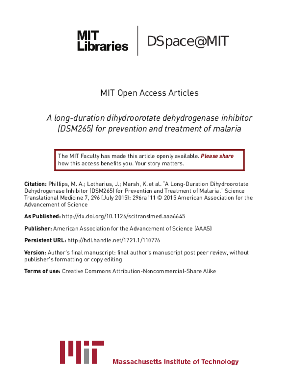(PDF) A long-duration dihydroorotate dehydrogenase inhibitor (DSM265 ...