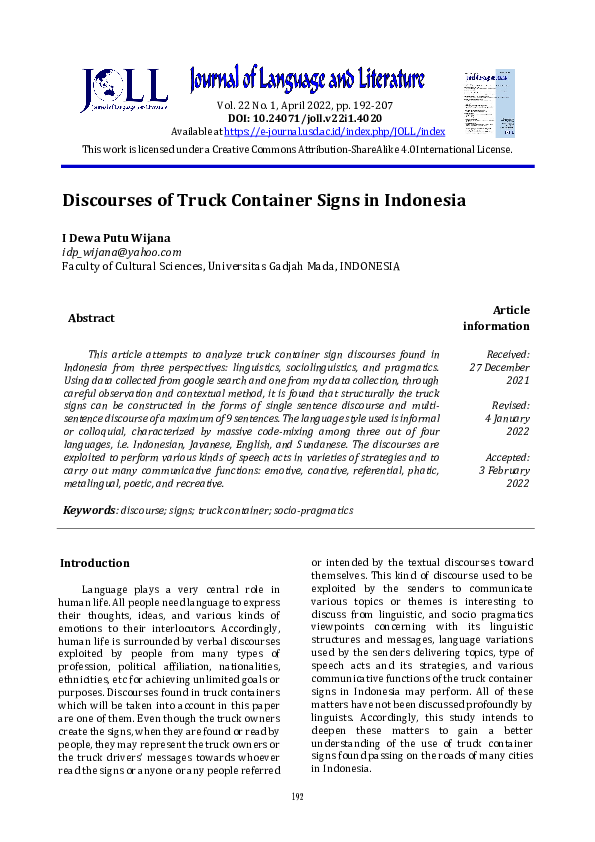 (PDF) Discourses of Truck Container Signs in Indonesia
