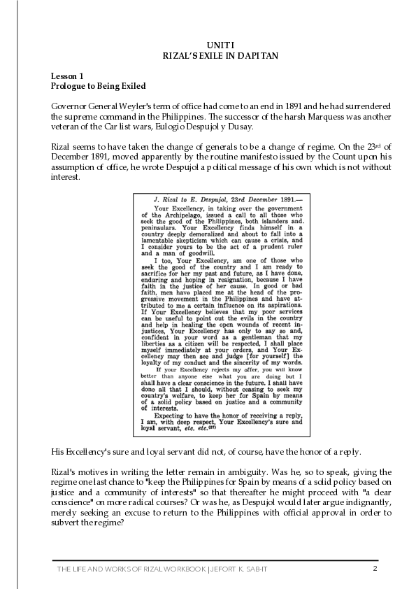 (PDF) Chapter 4 Unit 1 Rizal's Exile in Dapitan Lesson 1 Prologue to ...