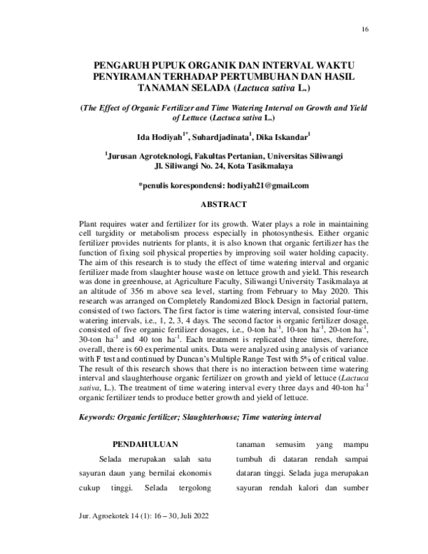 (PDF) The Effect of Organic Fertilizer and Time Watering Interval on Growth and Yield of Lettuce ...