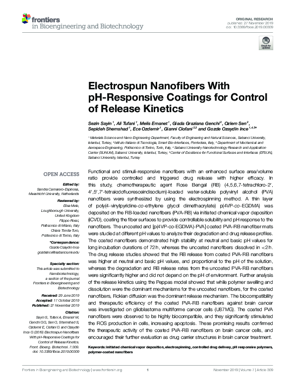 (PDF) Electrospun Nanofibers With pH-Responsive Coatings for Control of Release Kinetics | Gozde ...