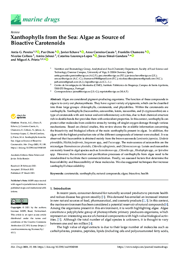 (PDF) Xanthophylls from the Sea: Algae as Source of Bioactive Carotenoids