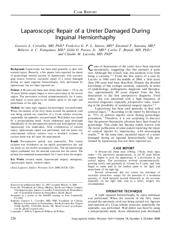 (PDF) Laparoscopic Repair of a Ureter Damaged During Inguinal Herniorrhaphy