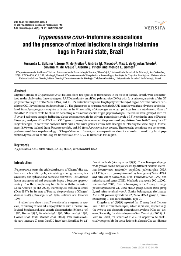 (PDF) Trypanosoma cruzi-triatomine associations and the presence of ...