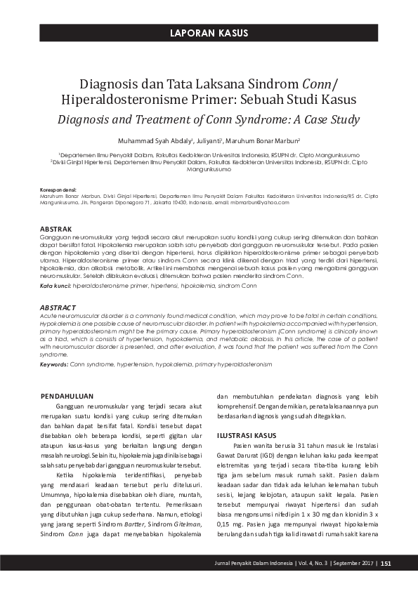 (PDF) Diagnosis dan Tata Laksana Sindrom Conn/Hiperaldosteronisme Primer: Sebuah Studi Kasus