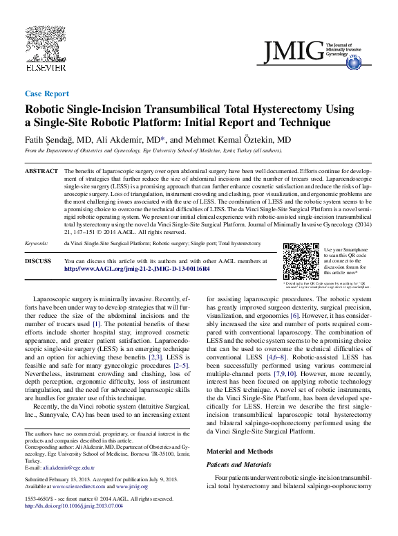 (PDF) Robotic Single-Incision Transumbilical Total Hysterectomy Using a Single-Site Robotic ...