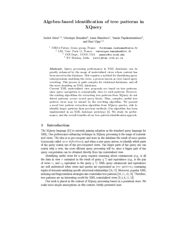 (PDF) Algebra-Based Identification of Tree Patterns in XQuery | ravi vijay - Academia.edu