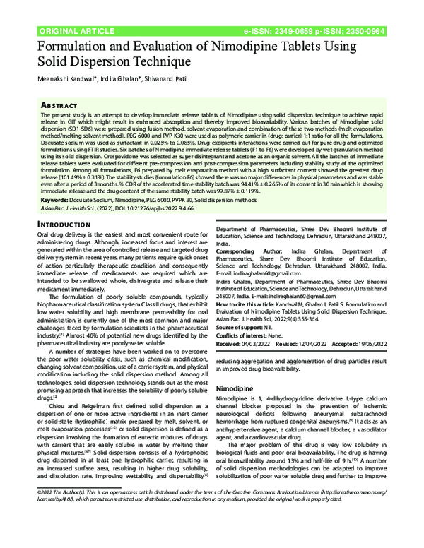 Pdf Formulation And Evaluation Of Nimodipine Tablets Using Solid Dispersion Technique