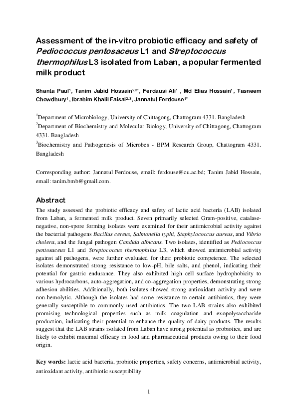 (PDF) Assessment of the in-vitro probiotic efficacy and safety of ...