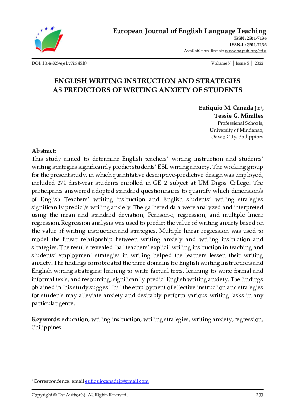 (PDF) English Writing Instruction and Strategies as Predictors of ...