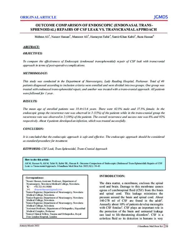 (PDF) Outcome Comparison of Endoscopic (Endonasal Trans-Sphenoidal ...