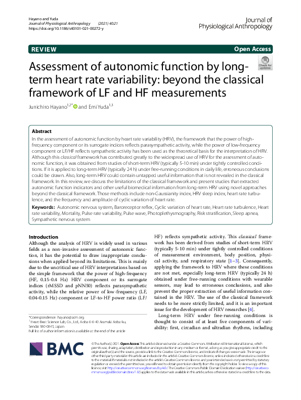 (PDF) Assessment of autonomic function by long-term heart rate variability: beyond the classical ...