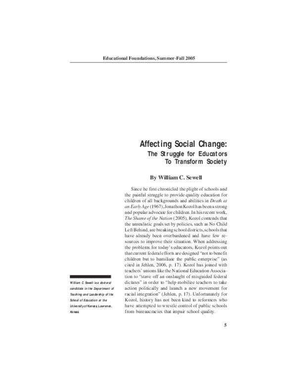 (PDF) Affecting Social Change: The Struggle for Educators to Transform ...