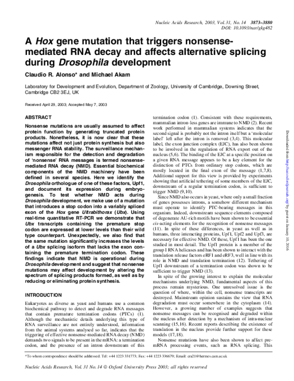 (PDF) A Hox gene mutation that triggers nonsense-mediated RNA decay and affects alternative ...