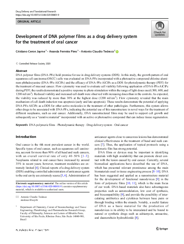 (PDF) Development of DNA polymer films as a drug delivery system for ...
