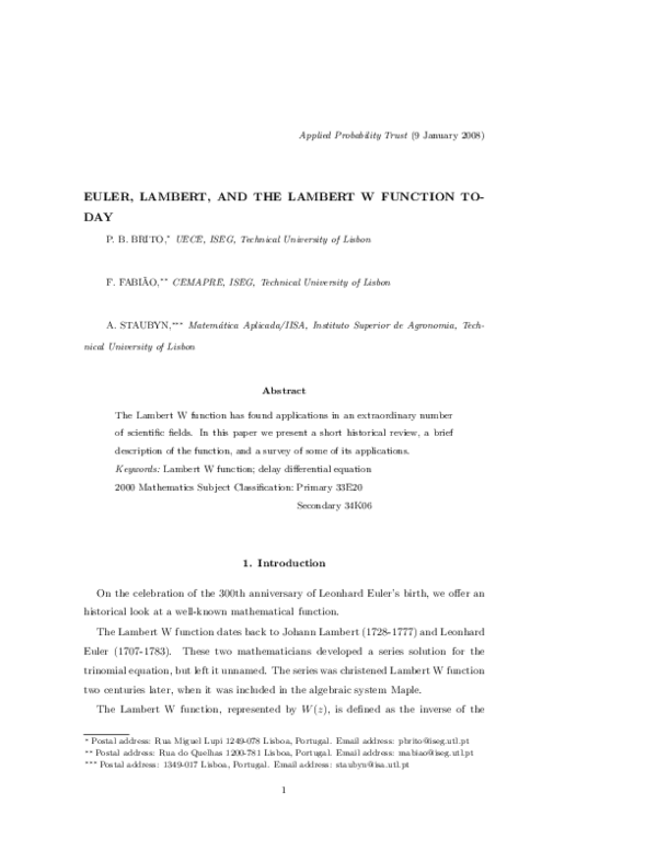 (PDF) Euler, Lambert, and the Lambert W-Function Today